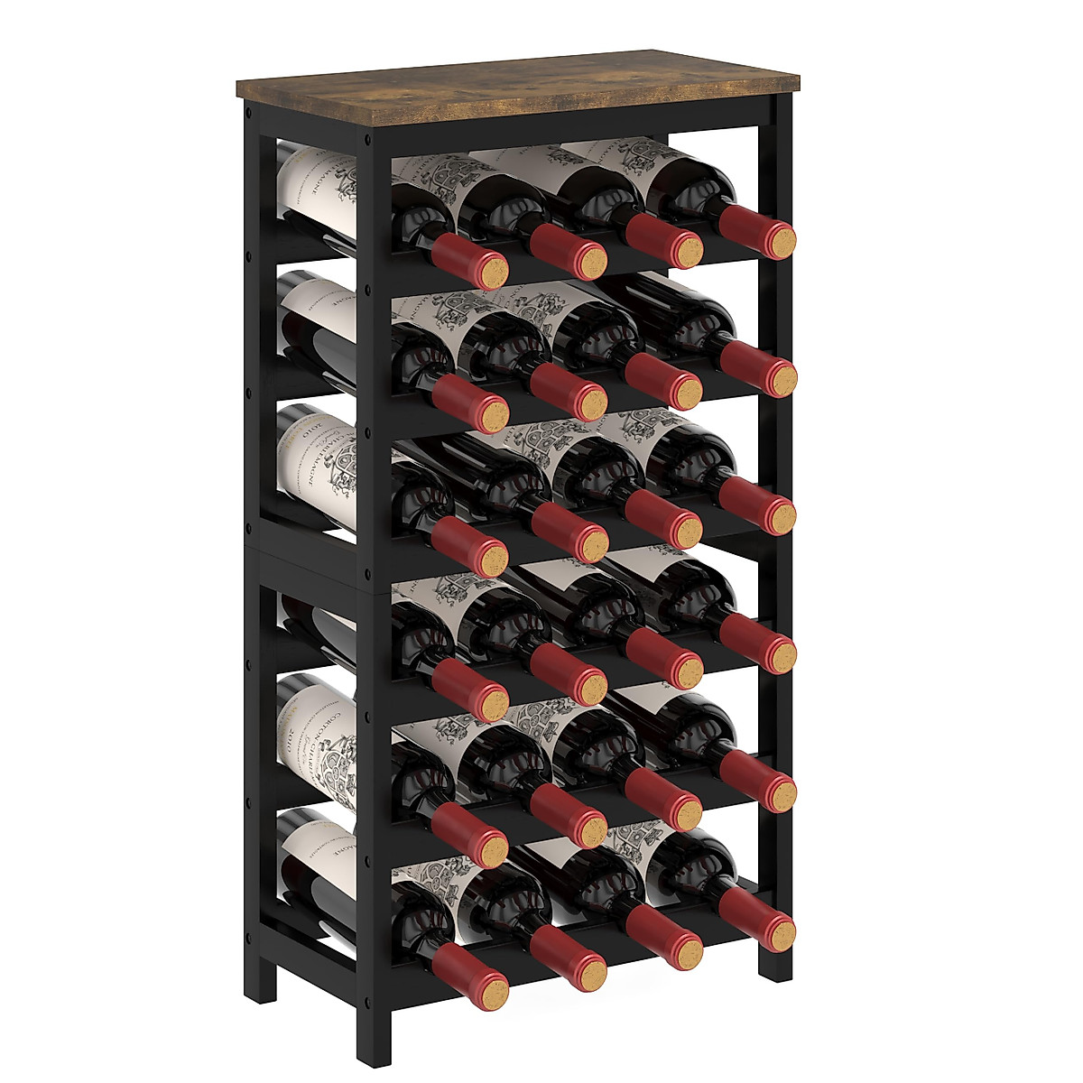 MOGELAFOO 6 Tier Bamboo Wine Rack Freestanding Floor, 24 Bottles Wine Storage Shelves with Table Top, Stackable Wine Display Rack for Kitchen, Bar, Dining Room, Rustic Brown and Black