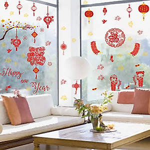 IARTTOP Chinese New Year Wall Decal, Spring Festival Wall Sticker, Fu Character Lantern Fireworks Red Sticker for Window Cling Living Room Decor,Happy New Year Supplies
