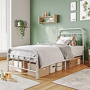 Elegant Home Products Vintage Twin Size Bed Frame with Headboard and Footboard Mattress Heavy Duty Metal Platform Bed Frame Steel Slat Support (Twin, White)