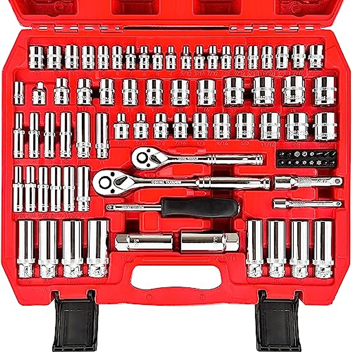 WETT 1/4" and 3/8" Drive Socket Set, 86-Piece Socket Wrench Set with Quick-Release Ratchet, Extention Bar, Adapter, 1/4" Bits, CR-V Steel, Metric/SAE, Deep/Shallow, Mirror Chrome Finish