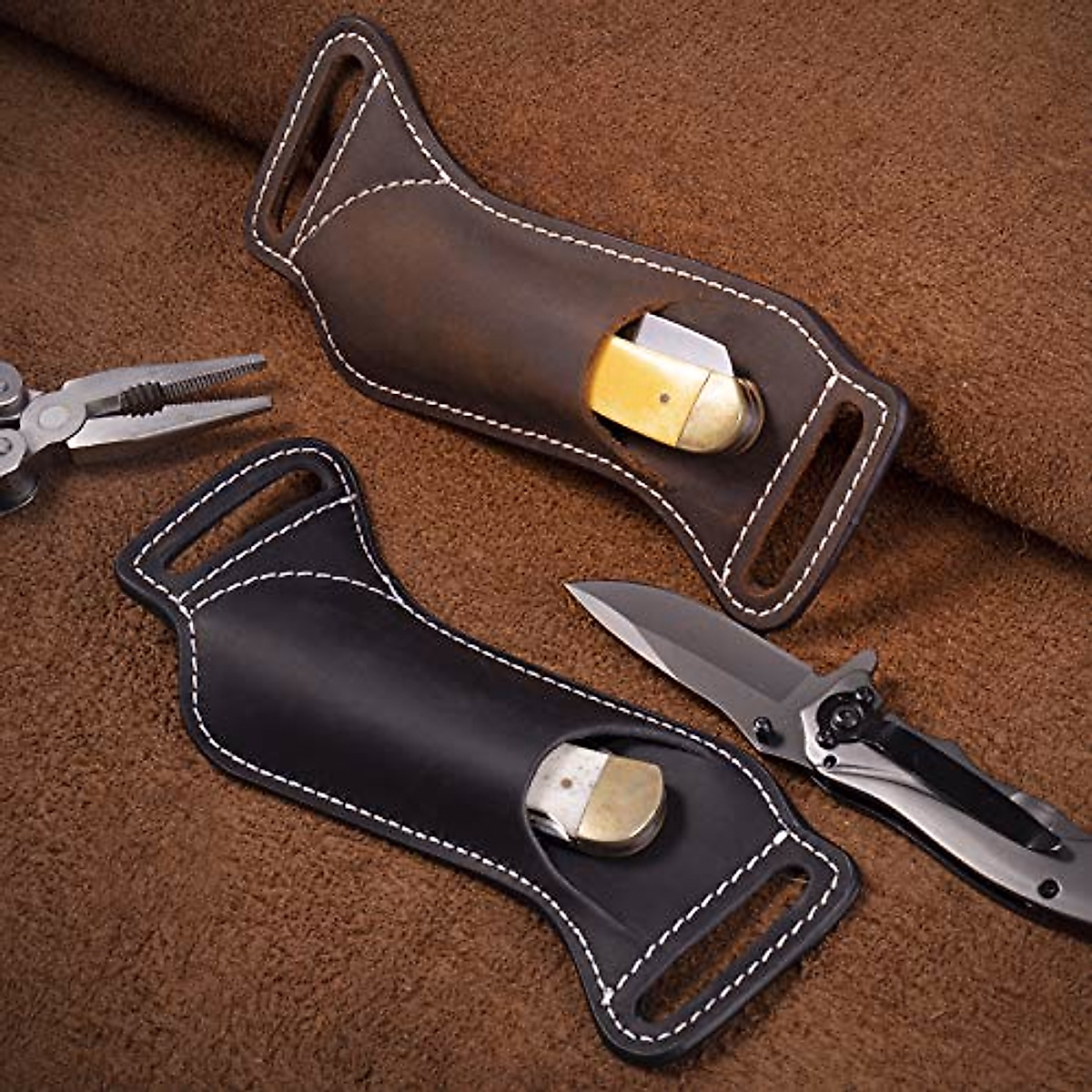 Gentlestache Leather Knife Sheaths for Belt, Pocket Knife Holder, EDC Sheath for Folding, Compact Draw Knife Holster Dark Brown