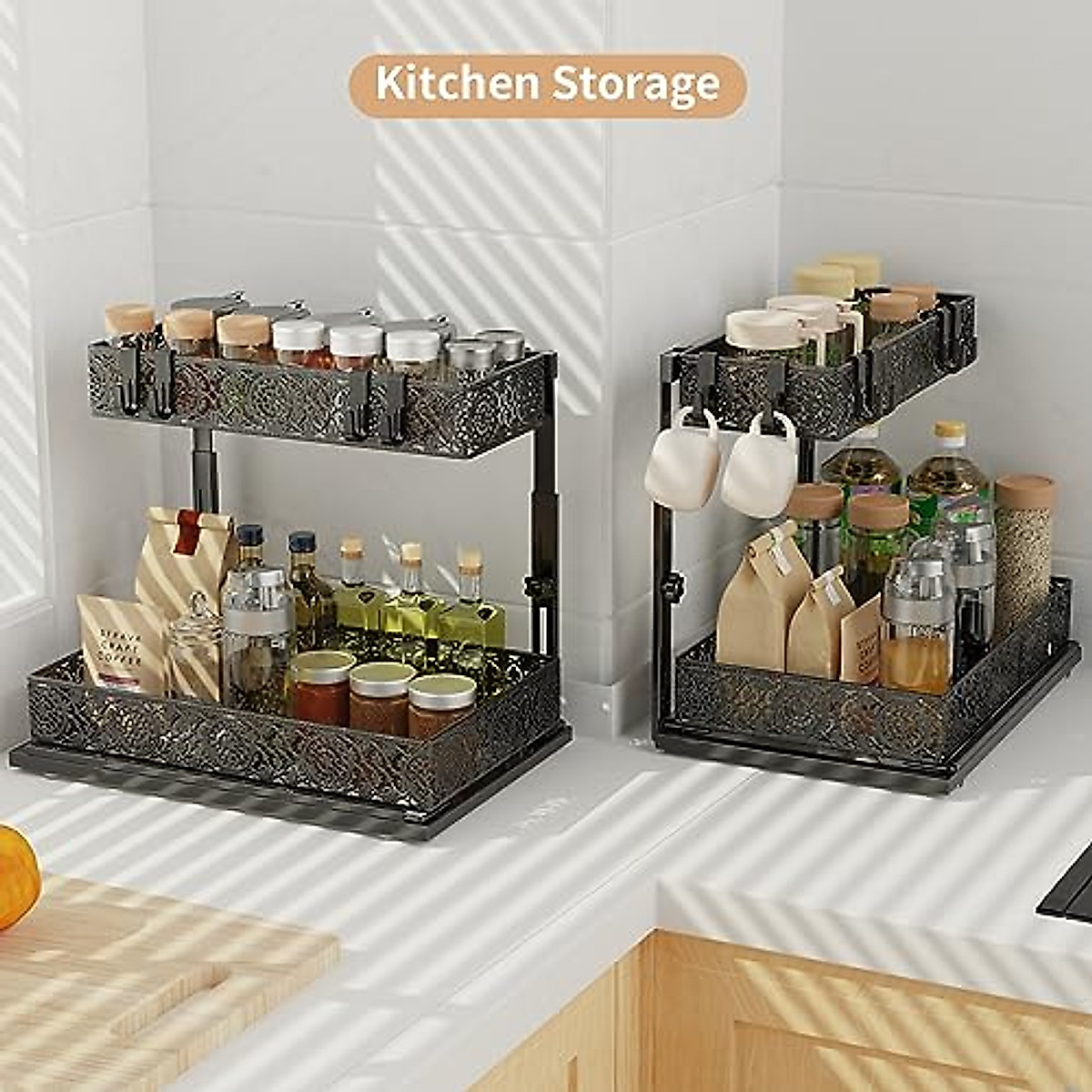 Adjustable Height Under Sink Organizers and Storage, Iirios 2 Pack Metal Slide Out Cabinet Organizer, Under Sink Shelf Cabinet Organizer with Hooks, Multi-Use for for Bathroom Kitchen Organization