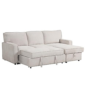 FULife Convertible Pull Out Sleeper Sectional Sofa Bed with Reversible Storage Chaise,USB Port&2 Cup Holders on Back Cushions,Upholstery L Shape 3 Seaters Corner Recliner Chaise Lounge Couch