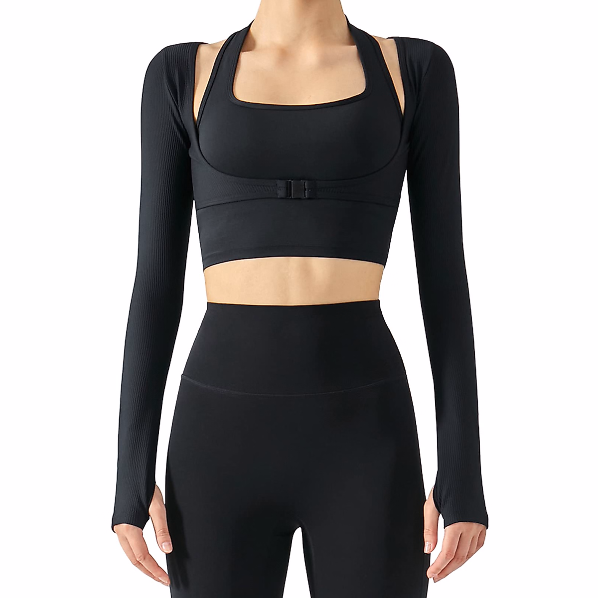 SEAUR Womens Yoga Crop Top Slim Fit Workout Top Cropped Long Sleeve Gym Top Stretch Cutout Yoga Sports Tee Long Sleeve Crop Top T Shirts XL Black