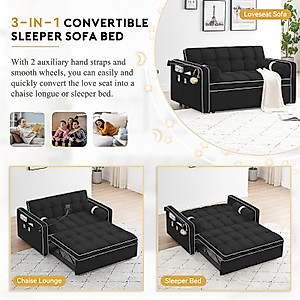 3 in 1 Convertible Sleeper Sofa,55.5" Velvet Tufted Pull Out Couch Bed,Loveseat Futon Sofa Chaise Lounge with Adjustable Backrest&Phone Holder for Living Room,Office,Apartment,Small Space(Black)