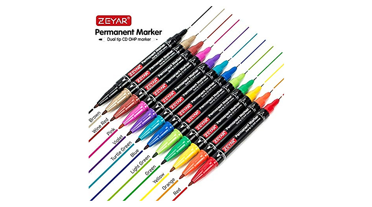 ZEYAR Twin Tip Permanent Markers - 12 Vibrant Colors for Versatile Use