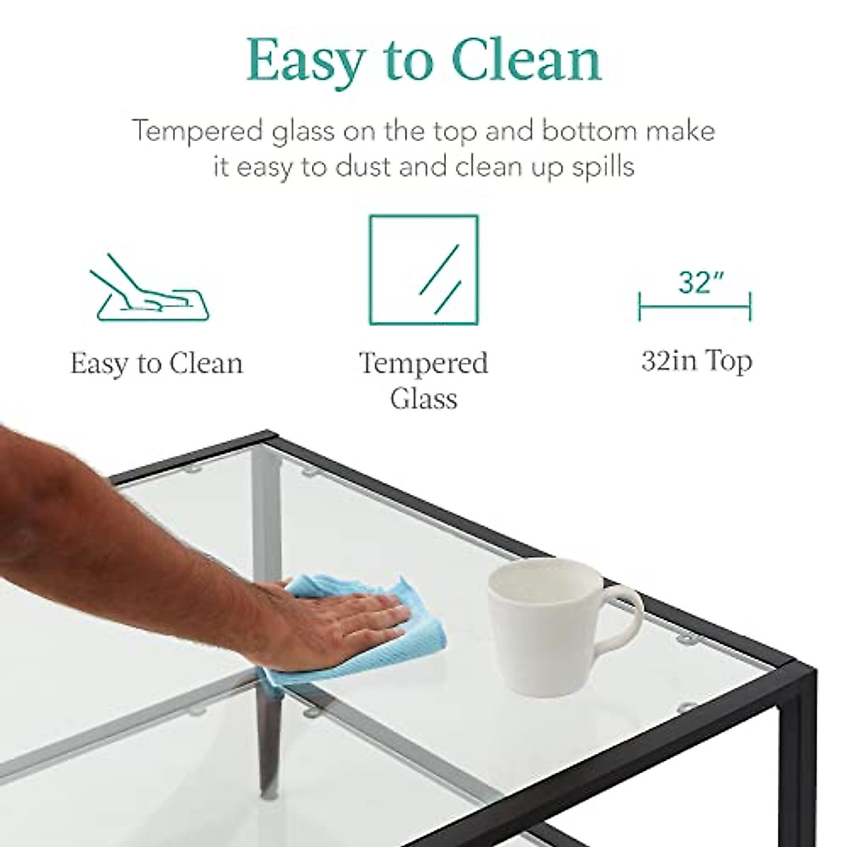 Best Choice Products 32” Square Glass Coffee Table, Large 2-Tier Accent Furniture for Living Room, Bedroom w/Metal Frame, Glass Shelves - Black