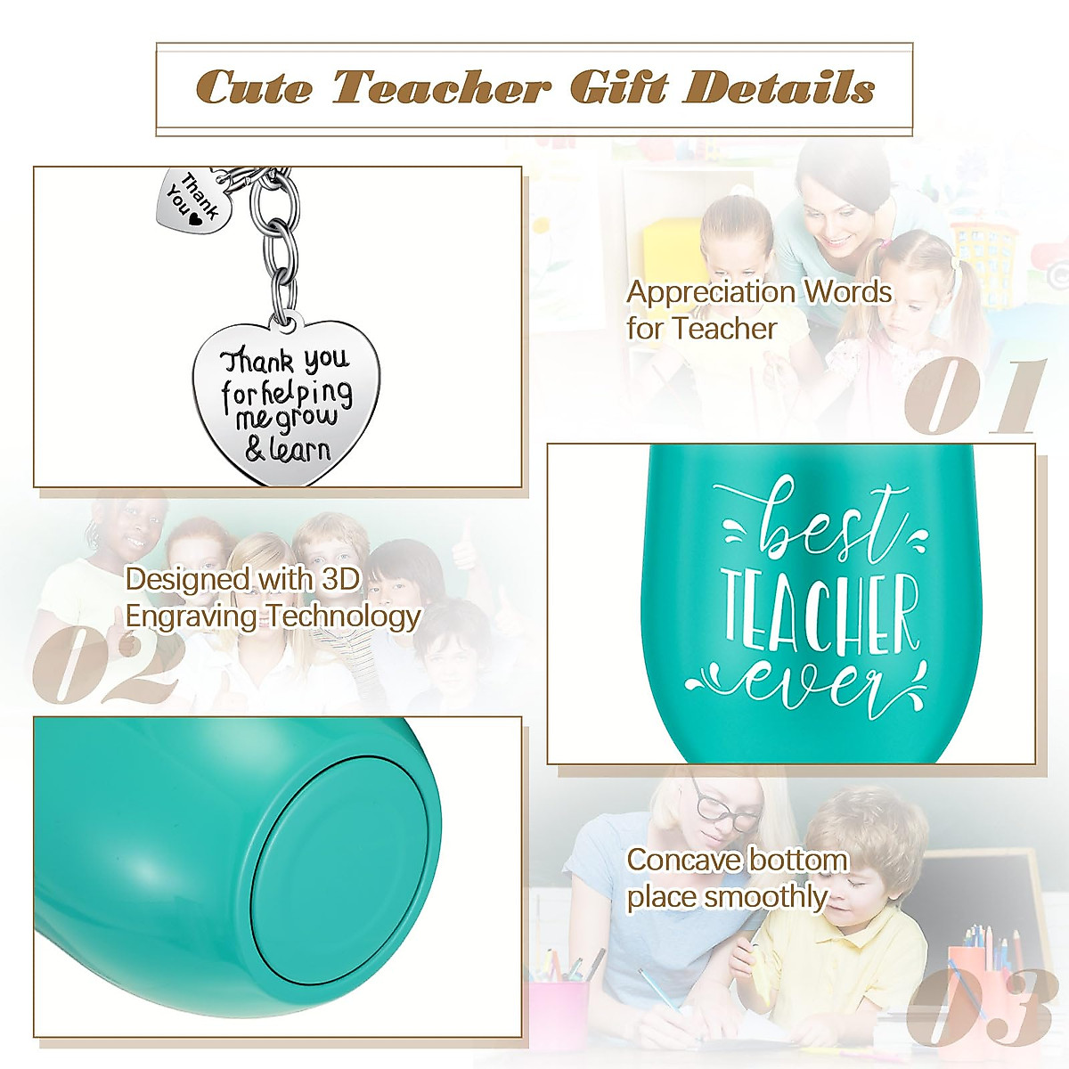 Didaey 36 Pcs Teacher Appreciation Gift Sets 12 Oz Teacher Wine Tumbler for Women Valentines Day Gift for Teacher Thank You Gift Teacher Birthday Gifts Best Teacher Ever Cup and Keychain (Mint)