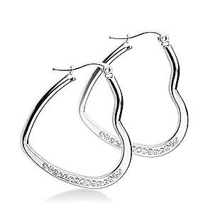 555Jewelry Womens Stainless Steel CZ Hypoallergenic Comfort Elegant Gift Jewelry Accessory Lightweight Hinged Durable Heart Shape Love Dressy Classic Large Hoop Fashion Earrings, Silver