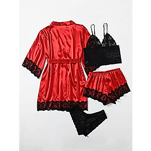 WDIRARA Women' Silk Satin Pajamas Set 4pcs Lingerie Floral Lace Cami Sleepwear with Robe Red Black L