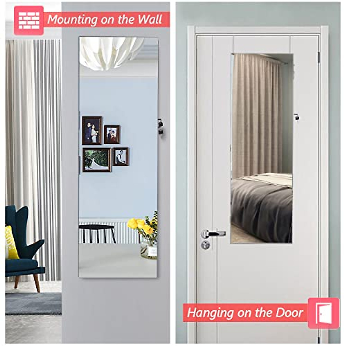 Henf 6 LEDs Mirror Jewelry Armoire Cabinet, Lockable Jewelry Organizer with Full-Length Mirror, Wall/Door Mounted Mirror with Jewelry Storage, Brush Holders,4 Shelves