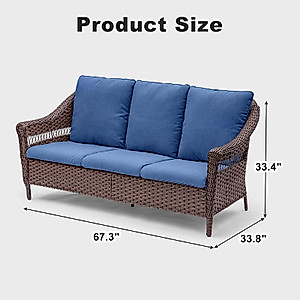 Buenhomino Outdoor Patio Sofa Couch - 3 Seater All Weather Rattan Conversation Sofa Porch Furniture Wicker Sofa with Deep Seat High Backrest for Deck Porch Balcony Garden - Brown/Blue