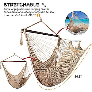 Bathonly Large Hammock Chair with Spreader Bar, Caribbean Hammock Swing Chair, XL Hammock Chair Outdoor Indoor, 330 LBS Weight Capacity, Light Brown