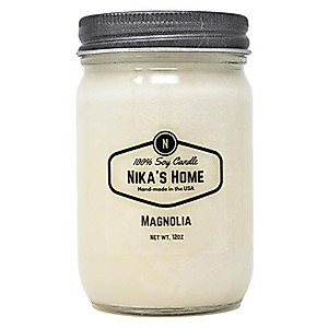 Nika's Home Magnolia Soy Candle 12oz Mason Jar Non-Toxic White Soy Handmade, Long Burning 50-60 Hours Highly Scented All Natural, Clean Burning Large Candle Gift Décor