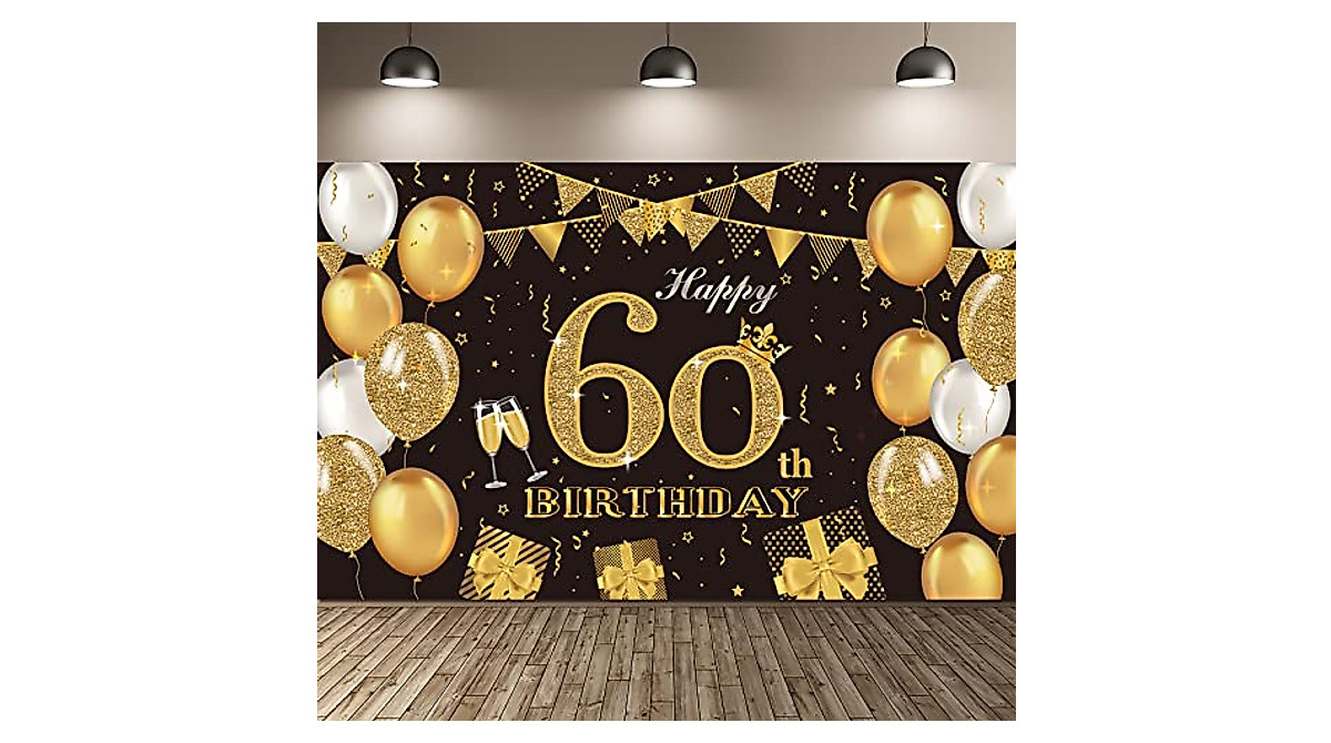 60th Birthday Party Backdrop - Elegant Black & Gold Banner