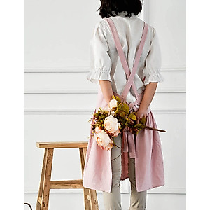 Funwaretech Cross Back Art Apron with Pockets Apron for Women Girls,Japanese Cute Cotton/Linen Cooking Gardening Painting Cleaning Florist Pottery Pinafore Apron with Waist Ties-Pink