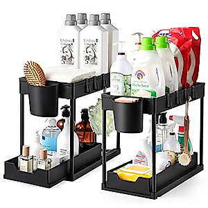 2 Pack Under Sink Organizers and Storage,Multi-purpose Storage Rack For Kitchen Bathroom Under Sink With 4 Hooks and A Hanging Cup, 2 Tier Under Sink Organizers with Sliding Bottom Basket,Black