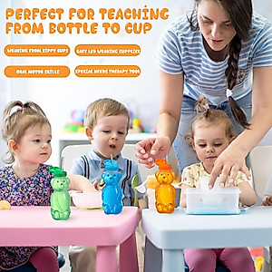 Zubebe 12 Pack Honey Bear Straw Cups Bulk with 24 Flexible Straws and Cleaning Tools, 8 Oz Therapy Sippy Bottles for Speech and Feeding Training Daily Drinking Supplies (Green, Orange, Blue)