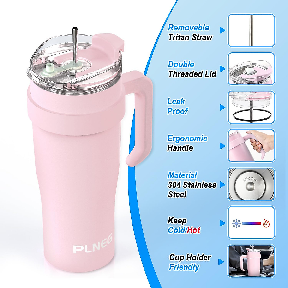 PLNEG Tumbler with Handle 40oz Insulated Water Bottle with Straw Lid Stainless Steel Travel Coffee Mug for Men Women gifts.（Pink,Set）