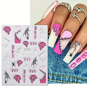 5D Halloween Nail Art Stickers Decals Pink Ghost Skull Self-Adhesive Nail Decals Halloween Nail Art Supplies Accessories for Acrylic Nail Design 5D Slider Nail Foils Sticker Nail Charms for Women 3Pcs