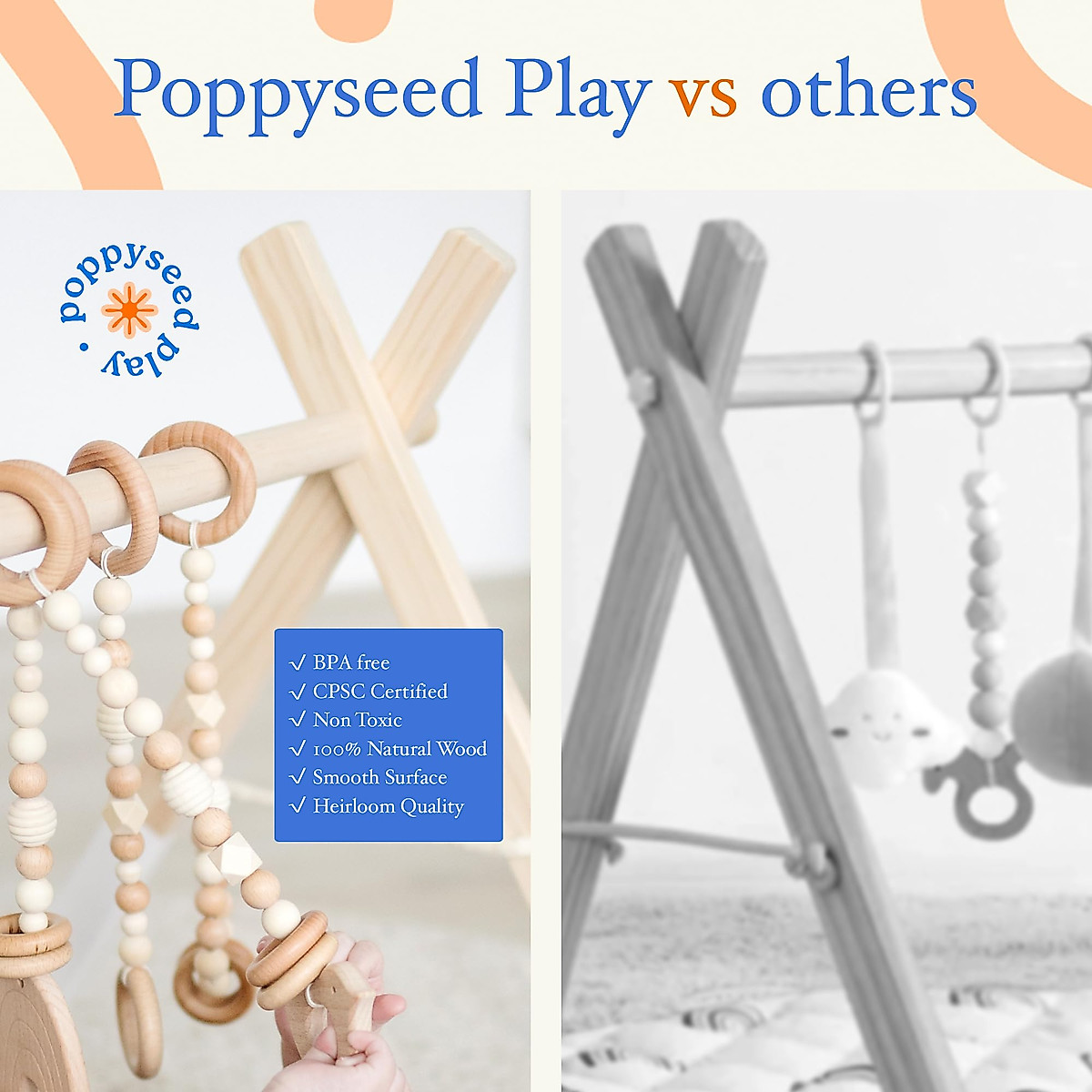 Poppyseed Play Wooden Baby Play Gym, Foldable Frame w/Hanging Bar, Tied Cotton Cord & Wooden Toys, Gender Neutral Baby Activity Set, Easy to Assemble (White Wood, Macrame Toys)