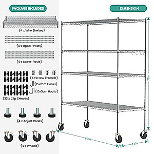Leteuke Wire Shelving Unit with Wheels, NSF Certified 4 Tier Adjustable Storage Shelves 60"×24"×72", 2400LBS Heavy Duty Shelving Commercial Grade Metal Storage Utility Rack for Kitchen Garage, Chrome