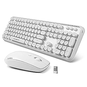 Wireless Keyboard Mouse Combo, 2.4GHz White Wireless Keyboard Typewriter, Letton Full Size Office Computer Retro Keyboard and Optical Cute Mouse with 3 DPI for Mac PC Desktop Laptop