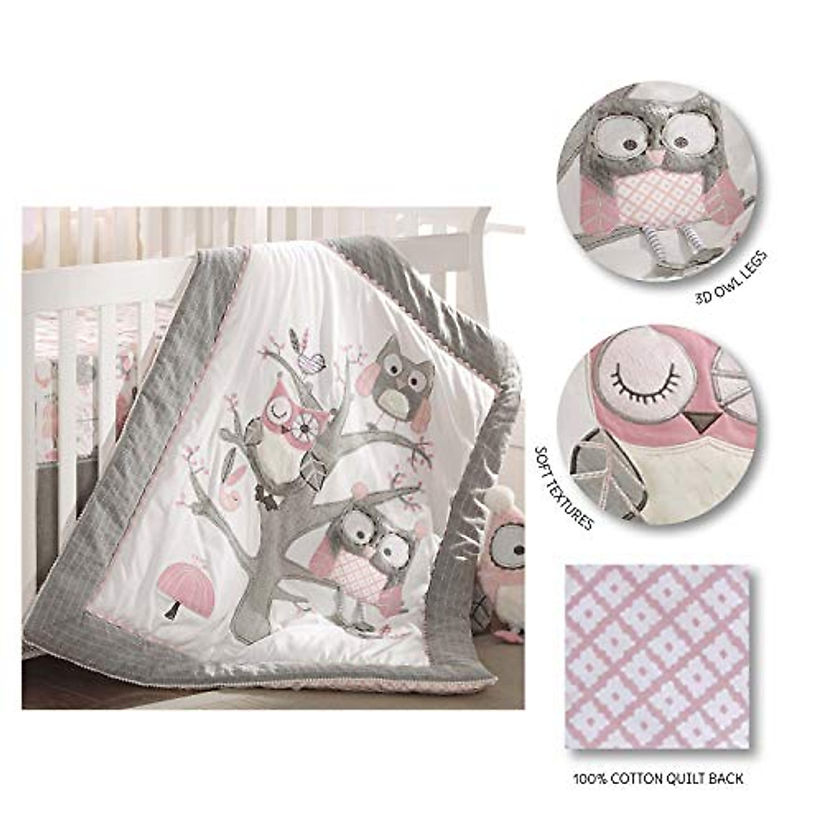 Levtex Baby - Night Owl Pink Crib Bed Set - Baby Nursery Set - Pink, Grey, White - Owls in a Tree - 5 Piece Set Includes Quilt, Fitted Sheet, Diaper Stacker, Wall Decal & Crib Skirt/Dust Ruffle