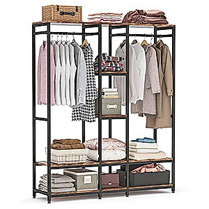 Tribesigns Double Rod Free standing Closet Organizer,Heavy Duty Clothes Closet Storage with Shelves, Extra Large Wardrobe Clothes Garment Rack, Shelving Unit Capacity 500 lb, (Vingtage Dark Walnut)