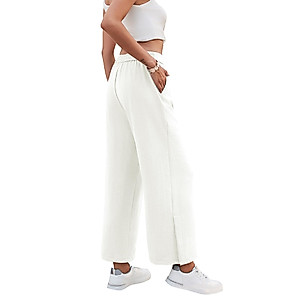 Poplab Wide Leg Petite Pants for Women Casual Flowy Elastic High Waist Capri Trousers with Pockets White, S