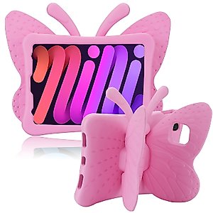 Compatible with iPad Mini 6 7 2024 Pretty Butterfly Case for Kids Girl Light Safe EVA Foam Full Cover Sturdy Kids case with Stand Pencil Holder Shockproof Rugged case for iPad Mini 6th 7th Gen (Pink)