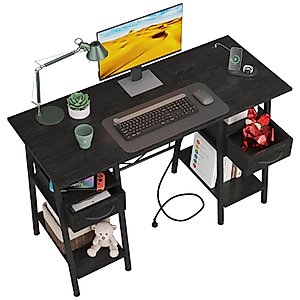 YAOHUOO 47 Inch Computer Desk with 2 Wooden Drawers/Power Outlet/USB Charging Port, Home Office Desks with Storage Shelves for Bedroom,Modern Writing Desk,Work Desk,Study Table(Black)