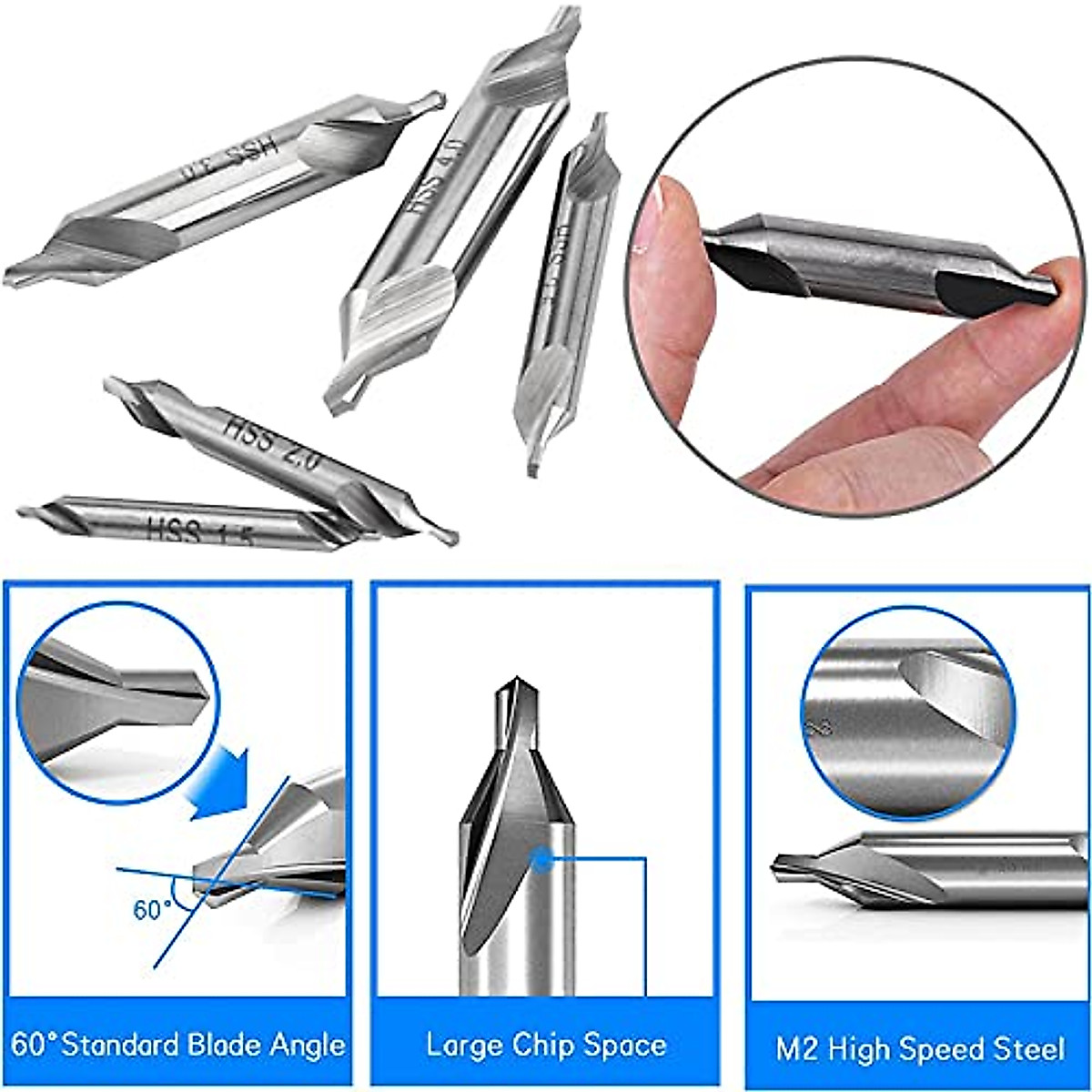 KEWAYO 7Pieces Center Drill Bits Set, M2 High Speed Steel 60 Degree Angle Center Drill Bits Kit Countersink Tools for Lathe Metalworking Size 1.0 1.5 2.0 2.5 3.0 4.0 5.0