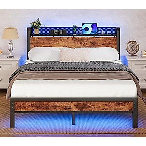 Furnulem Full Bed Frame with LED Lights,Industrial Storage Headboard with Charging Station,USB Port,Under Bed Storage,Wood Platform with Strong Metal Support,No Box Spring Needed, Silent