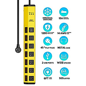 CRST Heavy Duty Power Strip with Individual Switches–6 Outlet 2 USB Ports, 15A/1875W Metal Power Strip Surge Protector Circuit Breaker 1200 Joules, 6FT Mountable Power Strip for Garage, Workshop, Home