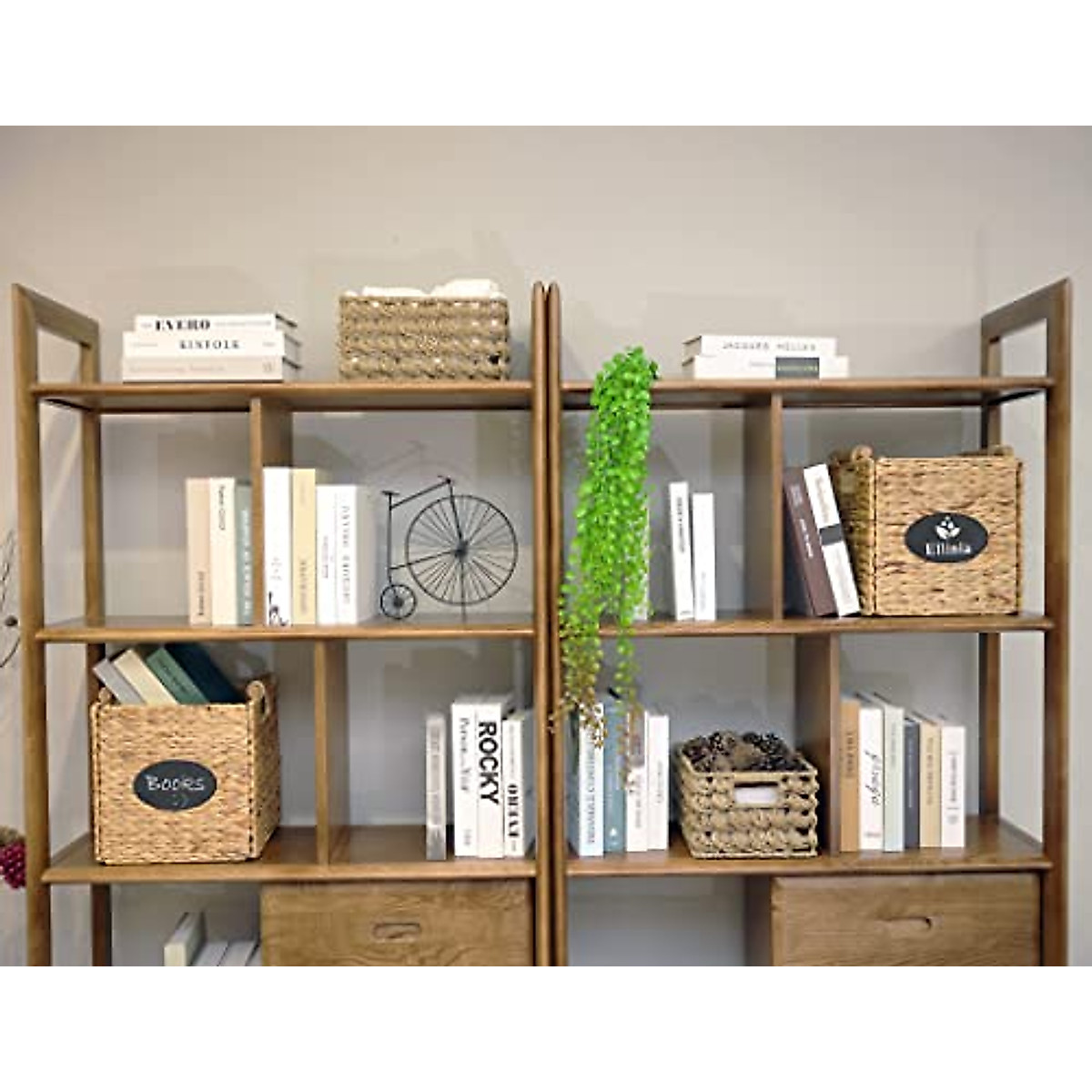 Storage Basket with Wooden Handles Made of Water Hyacinth Woven - Farm, Drawer, Wardrobe, Warehouse, Multipurpose Collapsible Storage Organizer, 4-Pack,Natural Water Hyacinth Color, Ellinia