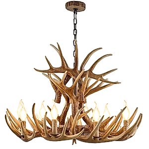 Hubrin Rustic Antler Chandelier 9-Light, Farmhouse Deer Antler Chandelier Lighting, Retro Antler Light Fixtures, Brown E12 for Home Store (9 lamp arms + 6arms)