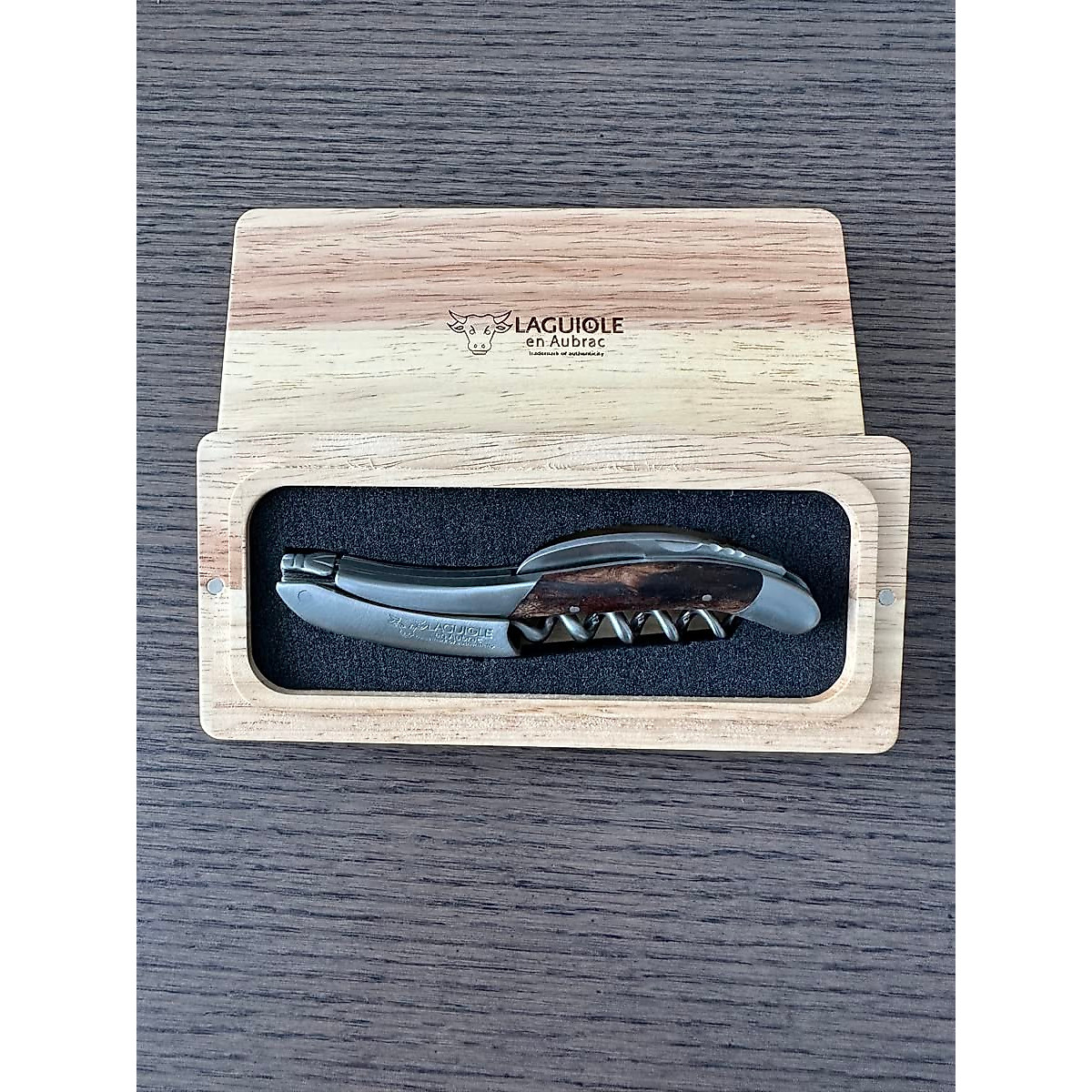 Laguiole En Aubrac Sommelier Waiter's Corkscrew, Grapevine Wood Handle, Wine Opener With Foil Cutter & Bottle Opener, Stainless Steel Brushed Bolsters
