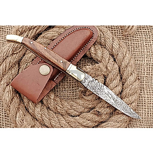 HUNTEX Custom Handmade Hand-Forged Twist Pattern Damascus Steel 4 Inch Long Natural Rosewood Handle Razor Sharp Hunting Camping Folding Pocket French Lagouli Knife with Genuine Leather Pouch