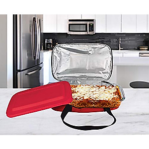 Le Regalo HW1236 Glass Casserole with Insulated Bag, Ideal for Picnic, Potluck, Hiking & Beach Trip-Retains Hot and Cold Temperature of Food, 14"x8.5"x2.75" Red