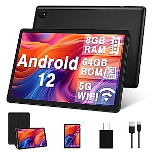 Tablet 10.1 inch Android 12 Tablet 2024 Latest Octa-Core 2.0GHz CPU with 8GB RAM 64GB ROM/512GB Expandable, Google Certified 5G WiFi, 5MP Camera Tableta (Black)