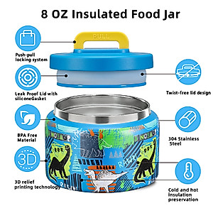 JXXM 8 Oz Thermo Food Jar for Hot & Cold Kids, Insulated Lunch Containers Jar,Leak-Proof Vacuum Stainless Steel Wide Mouth Soup thermo School,Travel (BLUE-Dinosaur) 1pc