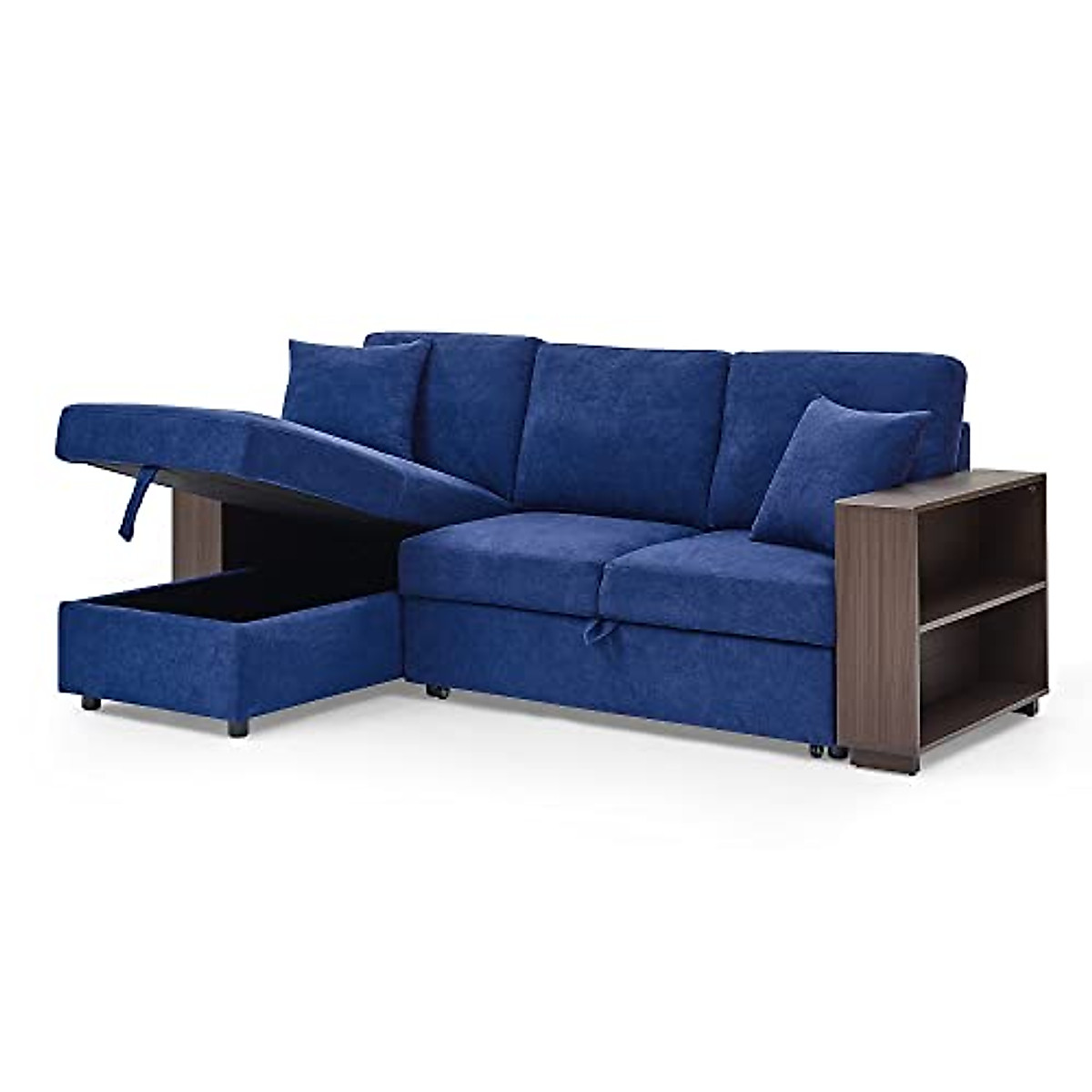 HomsSof Sectional Sofa with Pulled Out Bed Couch,2 Seats Sofa and Reversible Chaise with Storage,MDF Shelf Armrest,Two Pillows,88" x52" x 34",Navy Blue