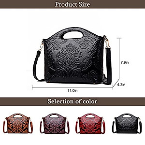 Women's Vintage Leather Handbags Embossed Floral Purses Top Handle Shoulder Tote Bags Classic Domed Zip Satchel Handbag (Purple)