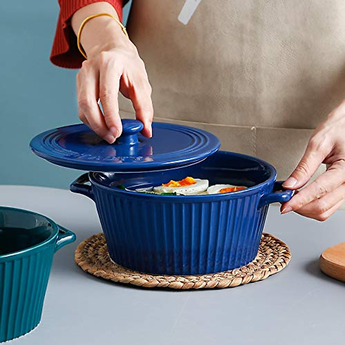 Eddie's Home ceramic round shape pot,Binaural handle,40oz-4 shine colors,for soup and steaming (Green)