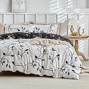 Lekesky Reversible Duvet Cover Queen Size, White Black Tree Branch Pattern Comforter Cover Queen 3pc Super Soft Microfiber Breathable Botanical Bedding Sets with Zipper Ties