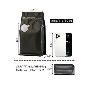 DMpcakDM Coffee Bags with Valve(16 oz,1 lb,50pcs) Black High Barrier Aluminumed Foil Flat Bottom Heat Sealed Coffee Beans Packaging Bags Side Zipper Resealable Bags for Home or Business