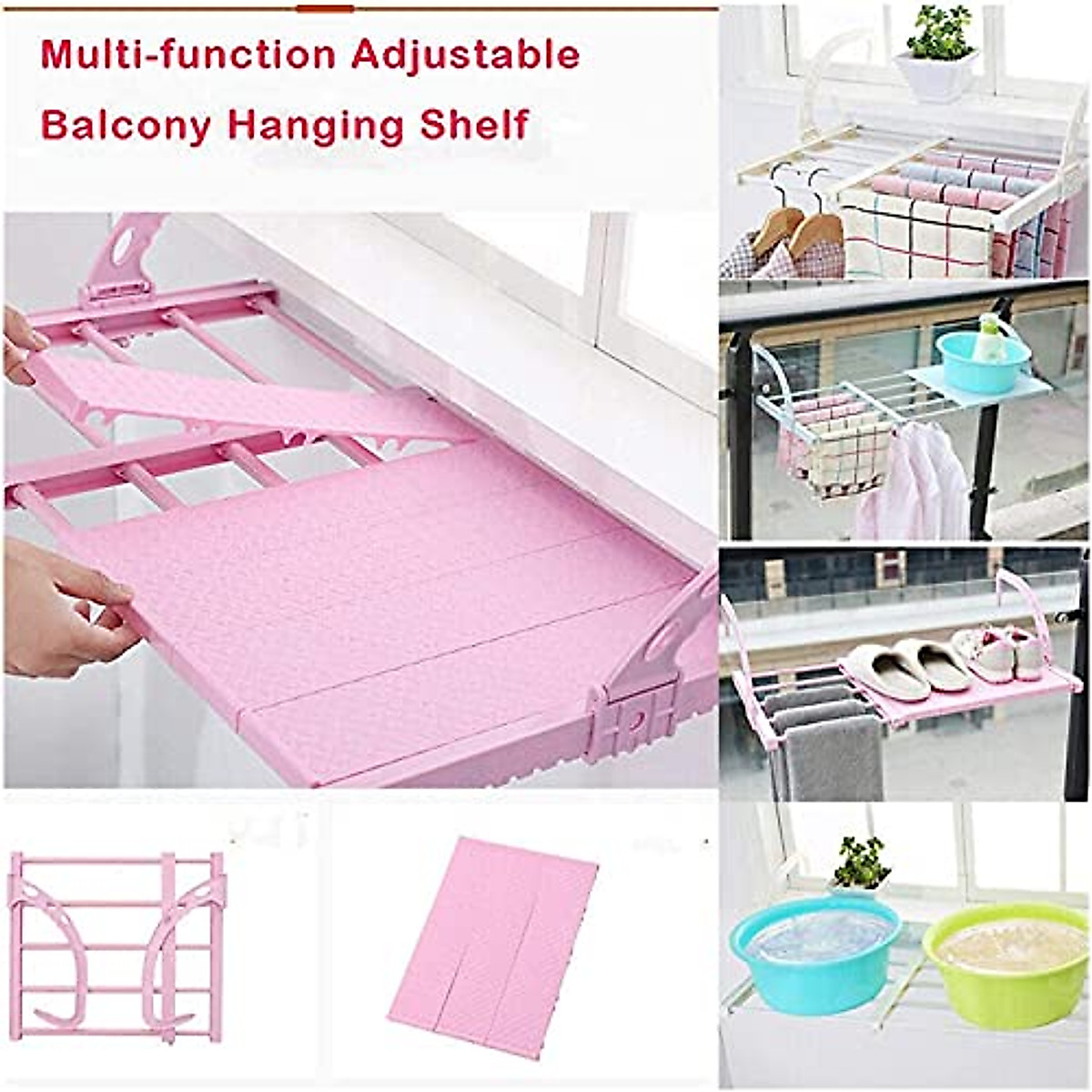 ZyHMW Clothes Airer MultifunctionFolding Balcony Clothes Drying Rack Airer Laundry Hanging Towel Shoes Rack Solid Color Plastic Hanging ClothesRack, Clothes Airer (Color : Pink, Size : 8)