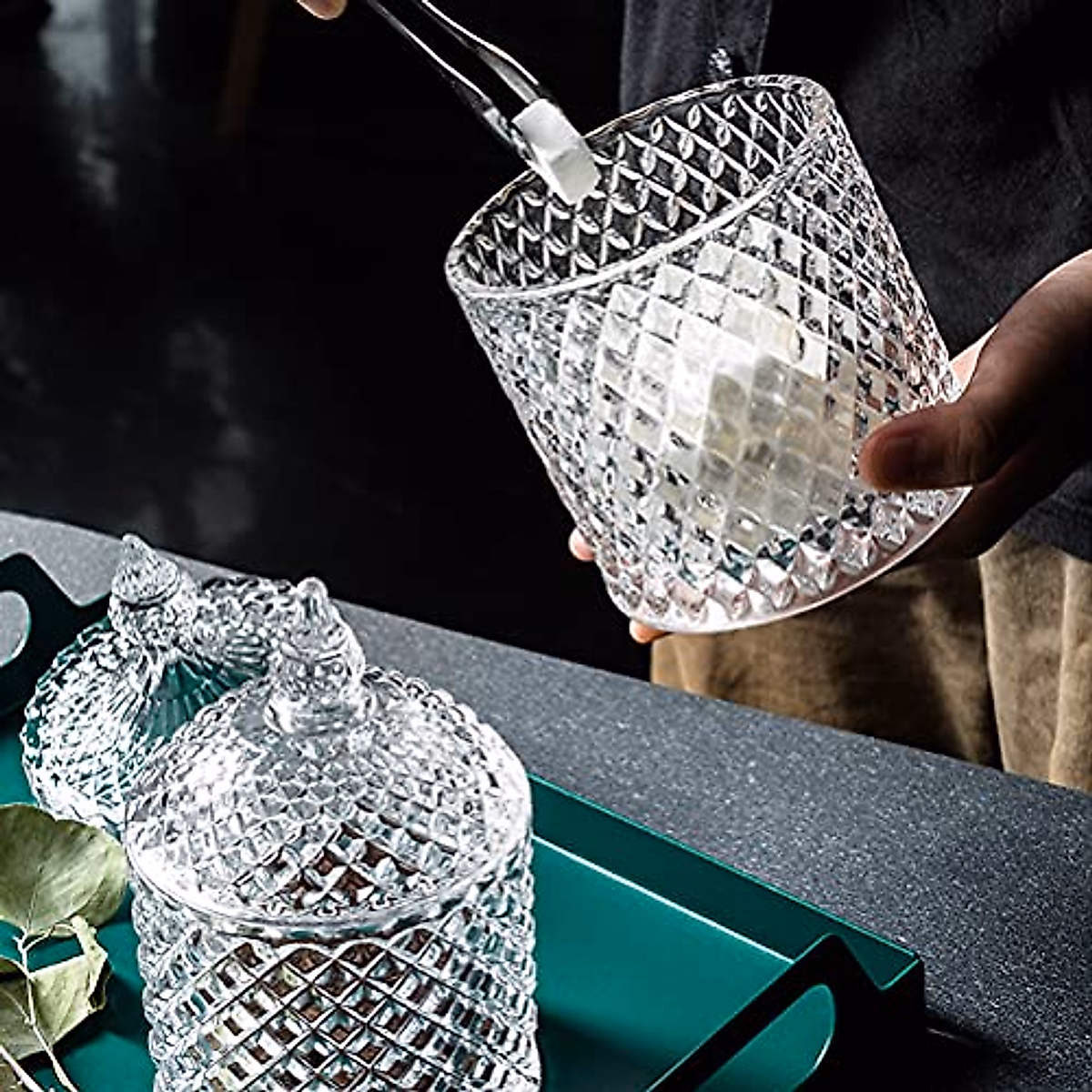 GLASSimpleware Bathroom Glass Qtip Holder Canister with Plastic Partition and Lid for Cotton Swabs Balls Rounds, Home Vanity Countertop Storage Organizer Container