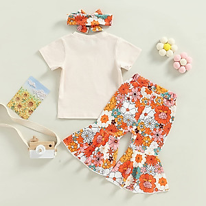 Muasaaluxi Infant Toddler Baby Girl Clothes Groovy One/Two Groovy Romper Tops Flower Flared Pants Bell Bottoms Headband Set (Apricot Two Groovy, 18-24 Months)